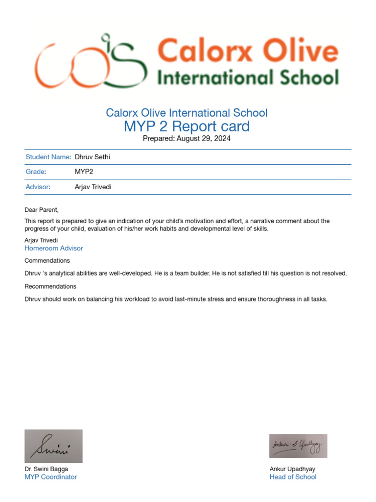 MYP 2 Report Card MYP2 Sethi Dhruv | PDF