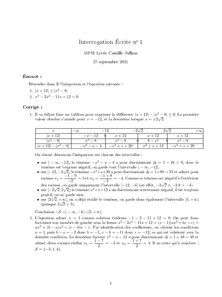 Interrogation Écrite N 1: MPSI Lycée Camille Jullian 27 Septembre 2021 Énoncé | PDF