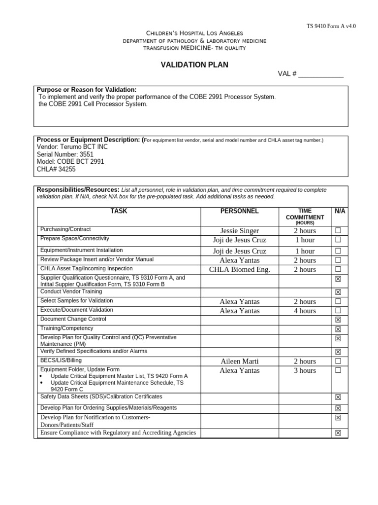TS 9410 Form A Validation Plan v4.0 | PDF