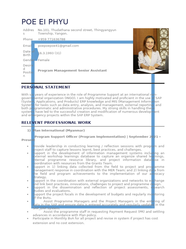 Application For Programme Implementation Specialist (Reporting) - CV - Poe Ei Phyu | PDF