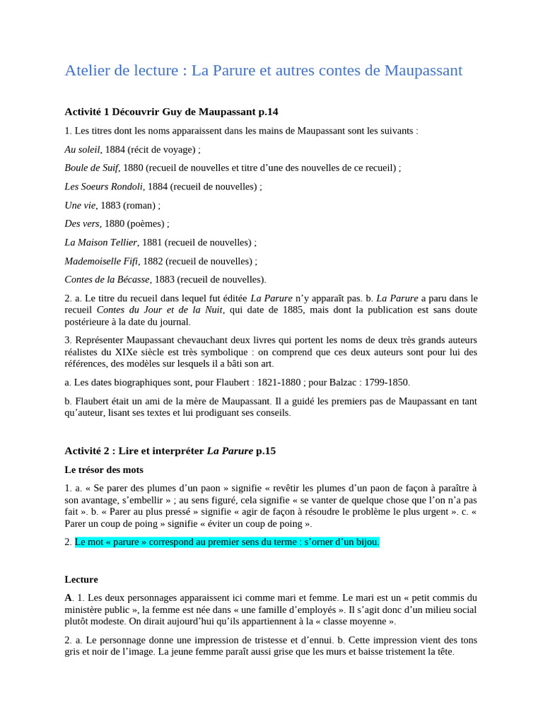 Atelier de Lecture La Parure p.14-15 | PDF