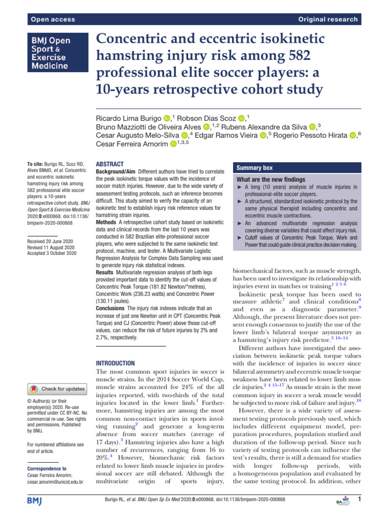 Isokinetic Hamstring Injury Risk - Football | PDF | Receiver Operating ...