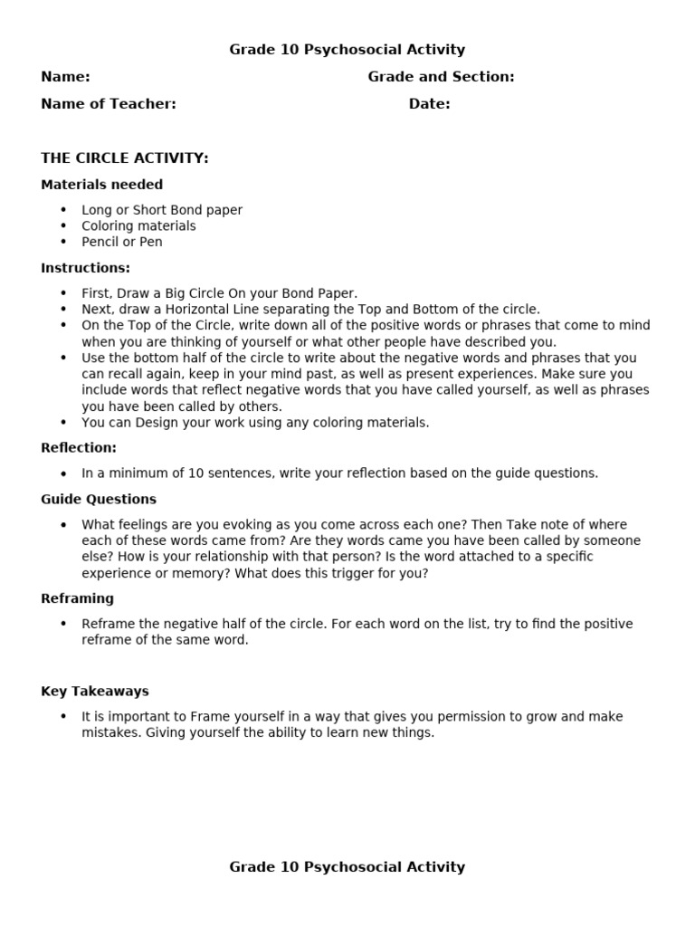 Grade 10 Psychosocial Activity | PDF