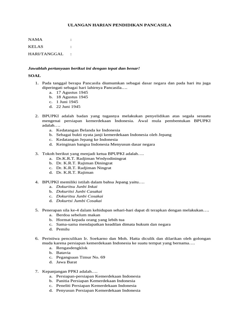 Soal Uh PKN Kelas 7 24,25 Gnjil | PDF