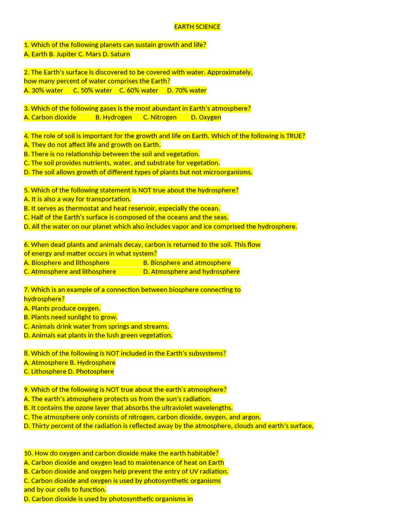 Earth Science Pretest Question Part 1 | PDF
