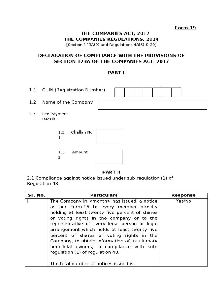 Form 19 DECLARATION OF COMPLIANCE WITH THE PROVISIONS OF SECTION 123A ...