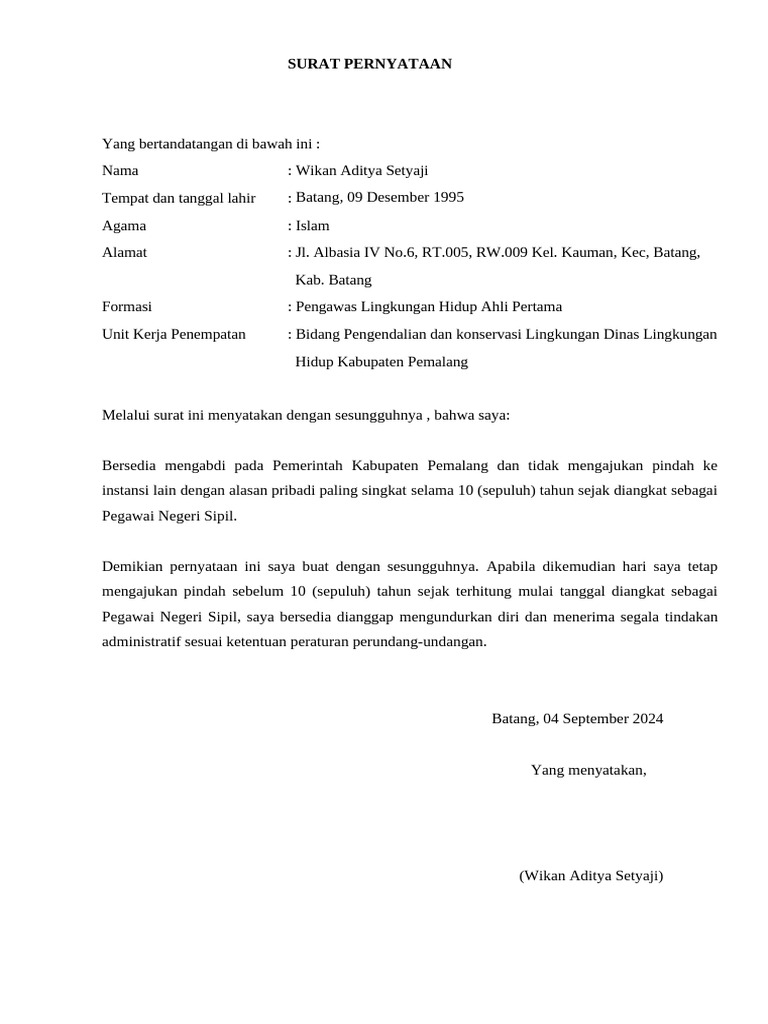 Surat Pernyataan Bersedia Mengabdi Pada Pemerintah | PDF
