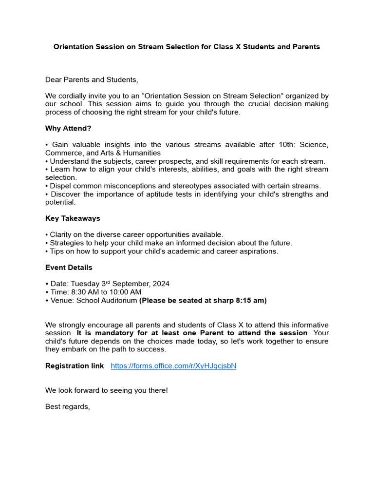 Orientation Session On Stream Selection For Class 10 Students and Parents | PDF