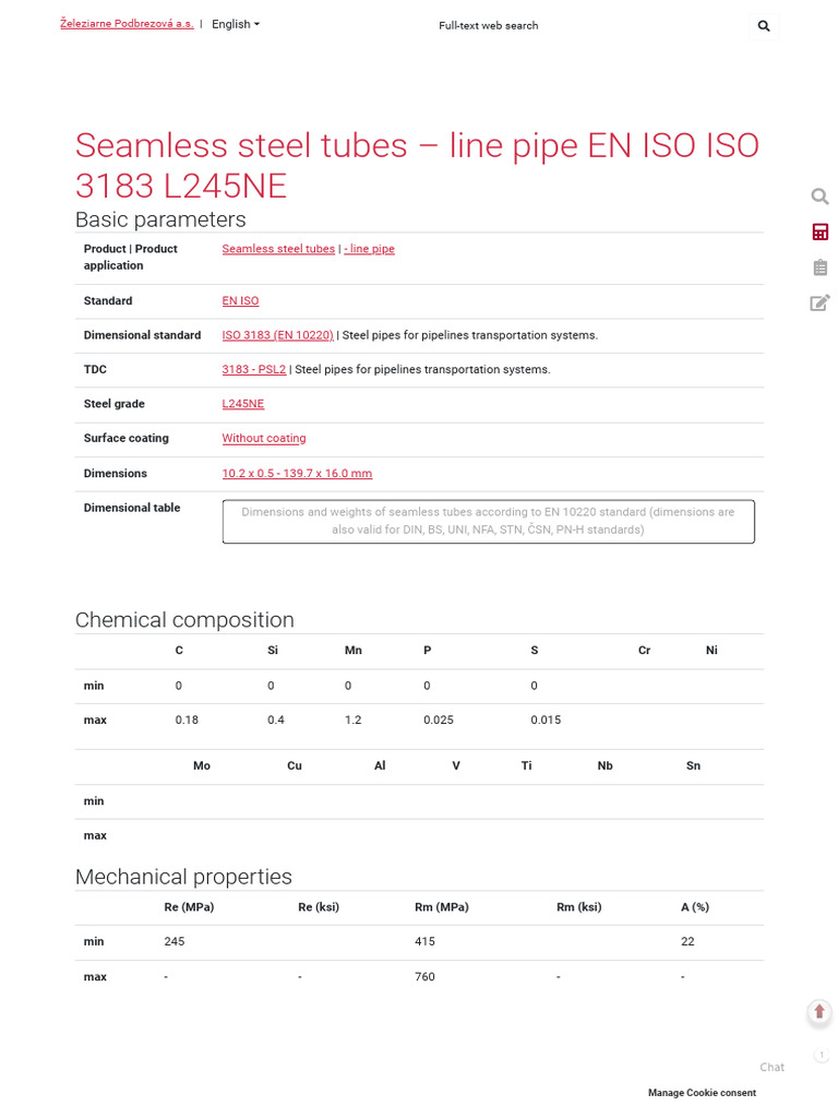 Seamless Steel Tubes - Line Pipe EN ISO ISO 3183 L245NE - Steel Tube | PDF