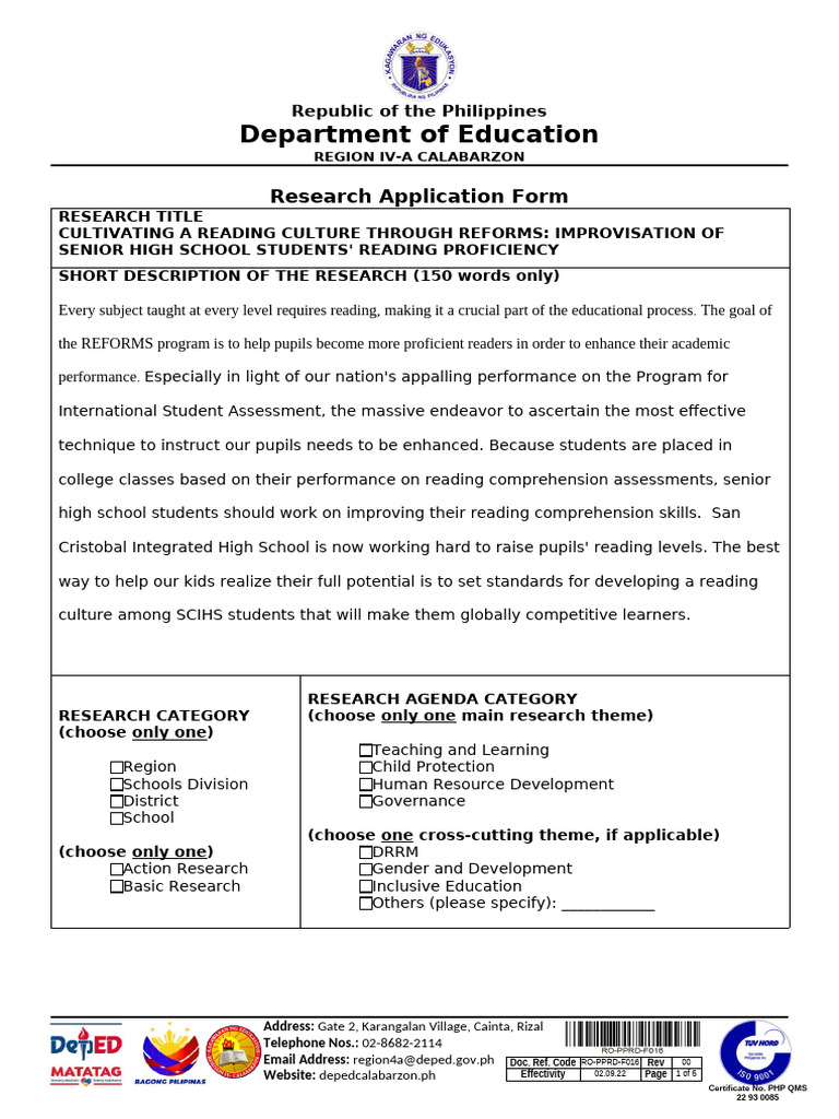 Azor Gutierrez San Pablo City Teaching and Learning Research Application Form | PDF