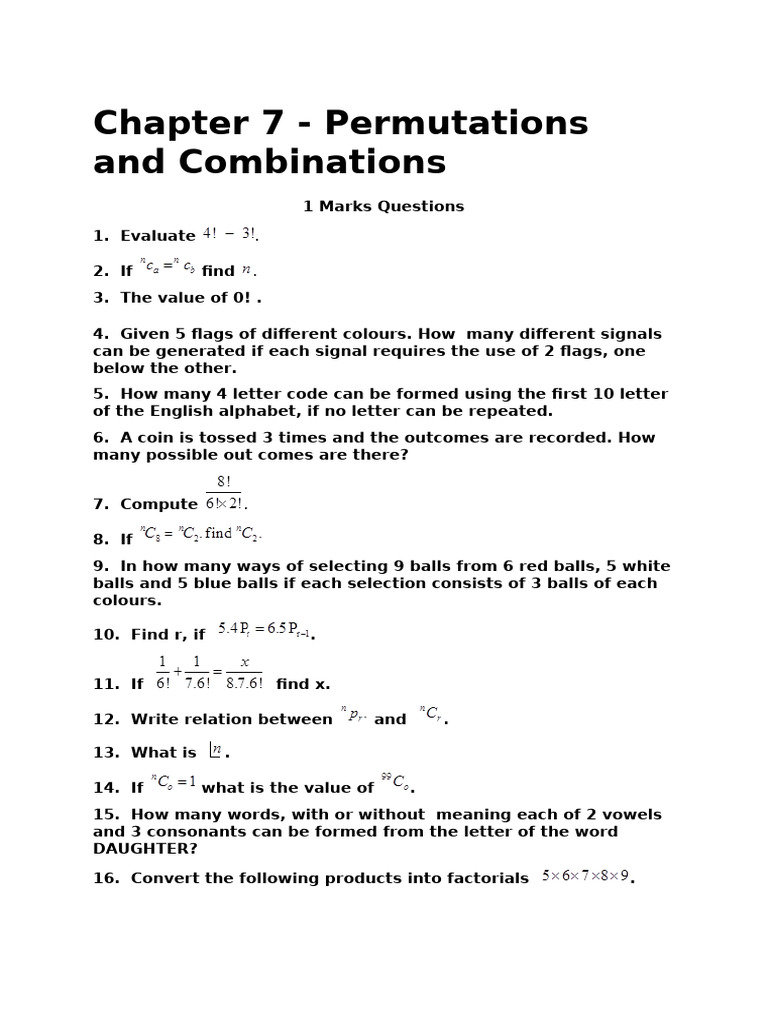 Extra Questions Permutations and Combinations | PDF