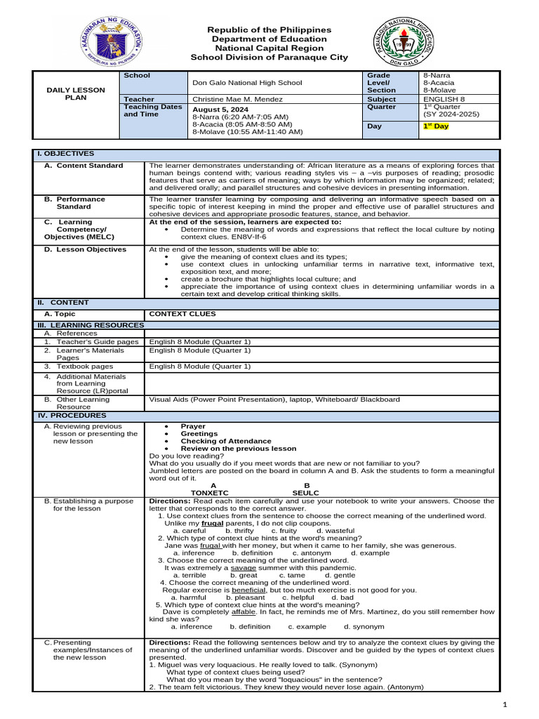Eng 8 DLP Q1W1 | PDF