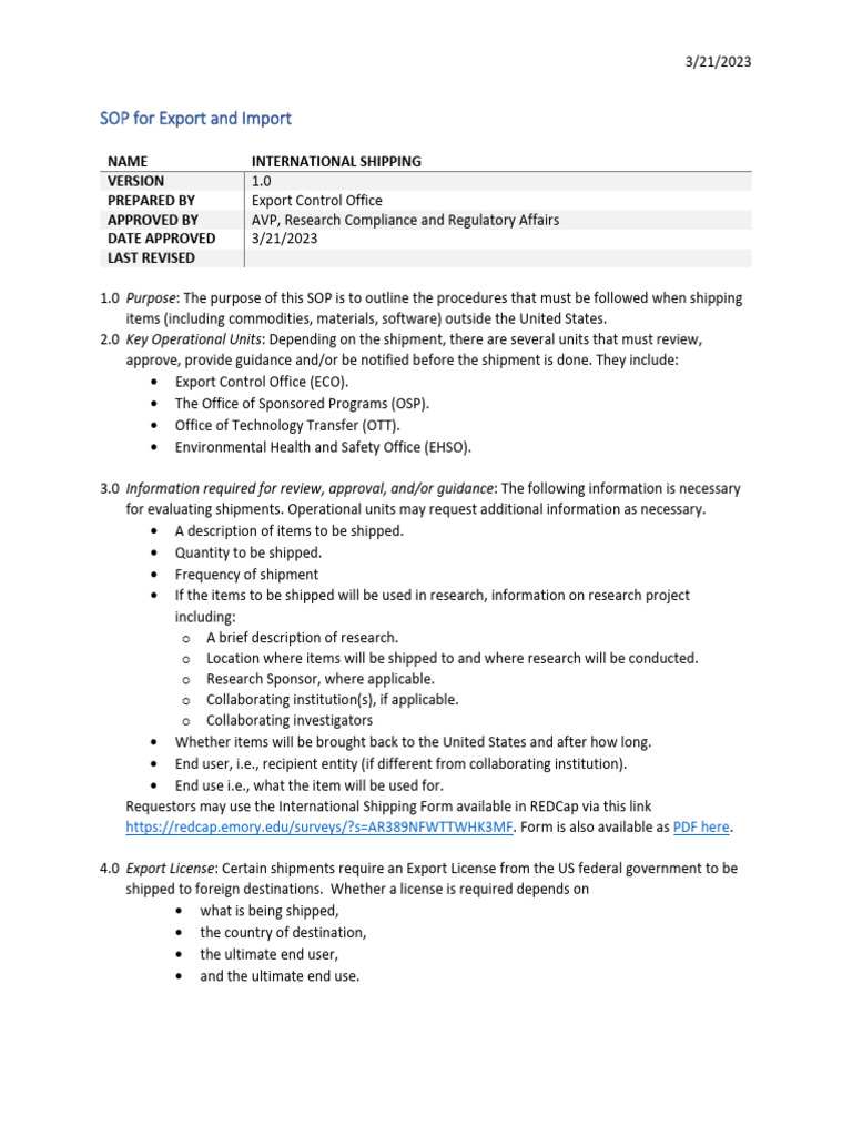 Sop For Export and Import | PDF | Centers For Disease Control And ...