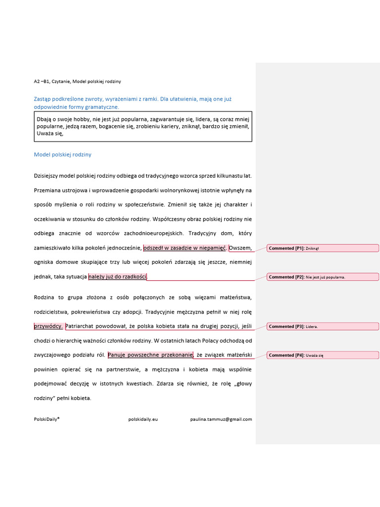 A2 B1 Czytanie Model Polskiej Rodziny Klucz Odpowiedzi | PDF