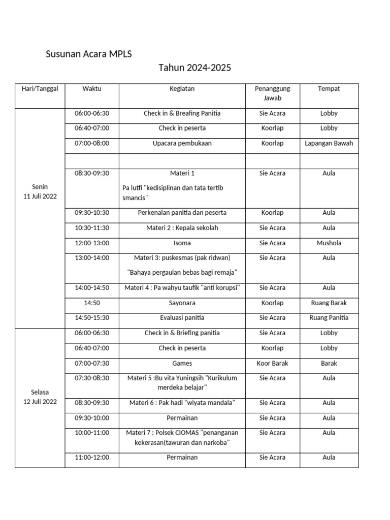 Susunan Acara MPLS 2024-2025 | PDF
