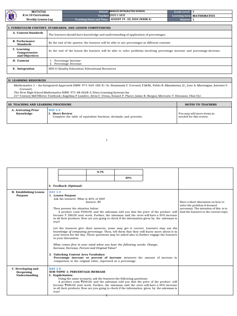 DLL Matatag - Math 7 Q1 W4 | PDF