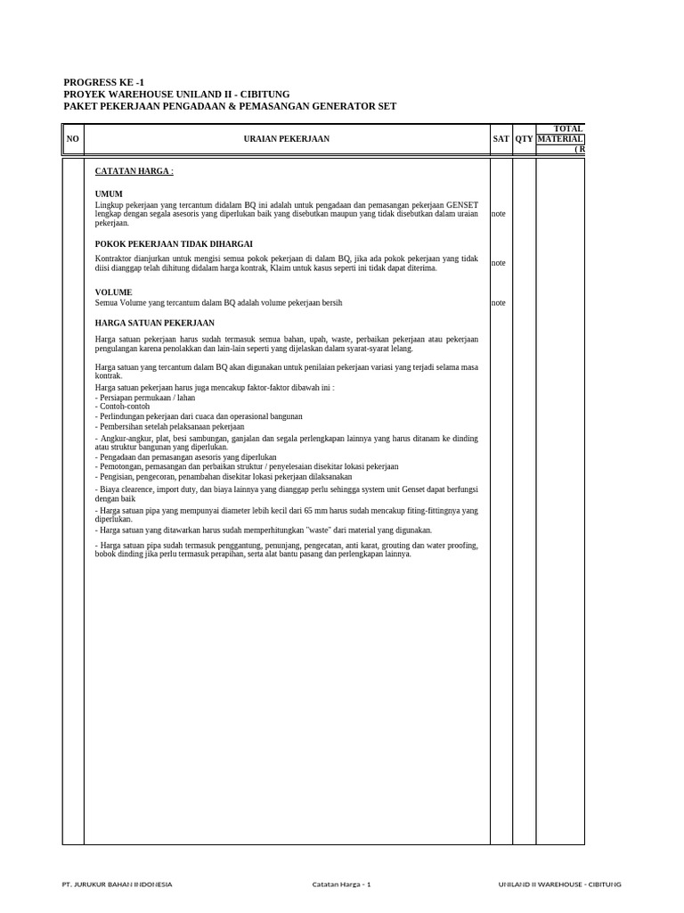 PROGRESS PERSIAPAN PEMASANGAN TANGKI DAN GENSET UNILAND II ke 2 | PDF