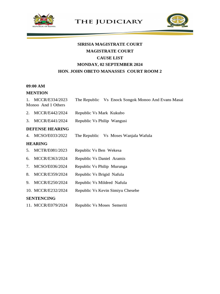 Sirisia Cause List For Hon John Obeto Manasses - 2nd September 2024 To ...