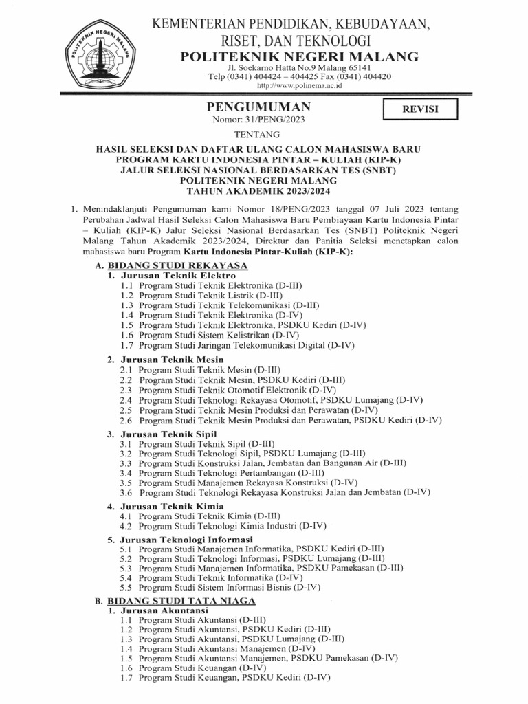 Revisi PengumumanKIPKJalurSNBTTA 2023 2024 | PDF