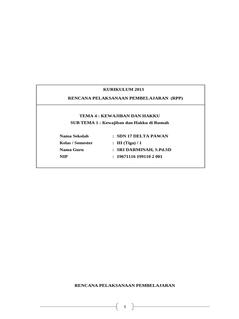 RPP Kelas Iii Tema 4 Kewajiban Dan Hakku | PDF