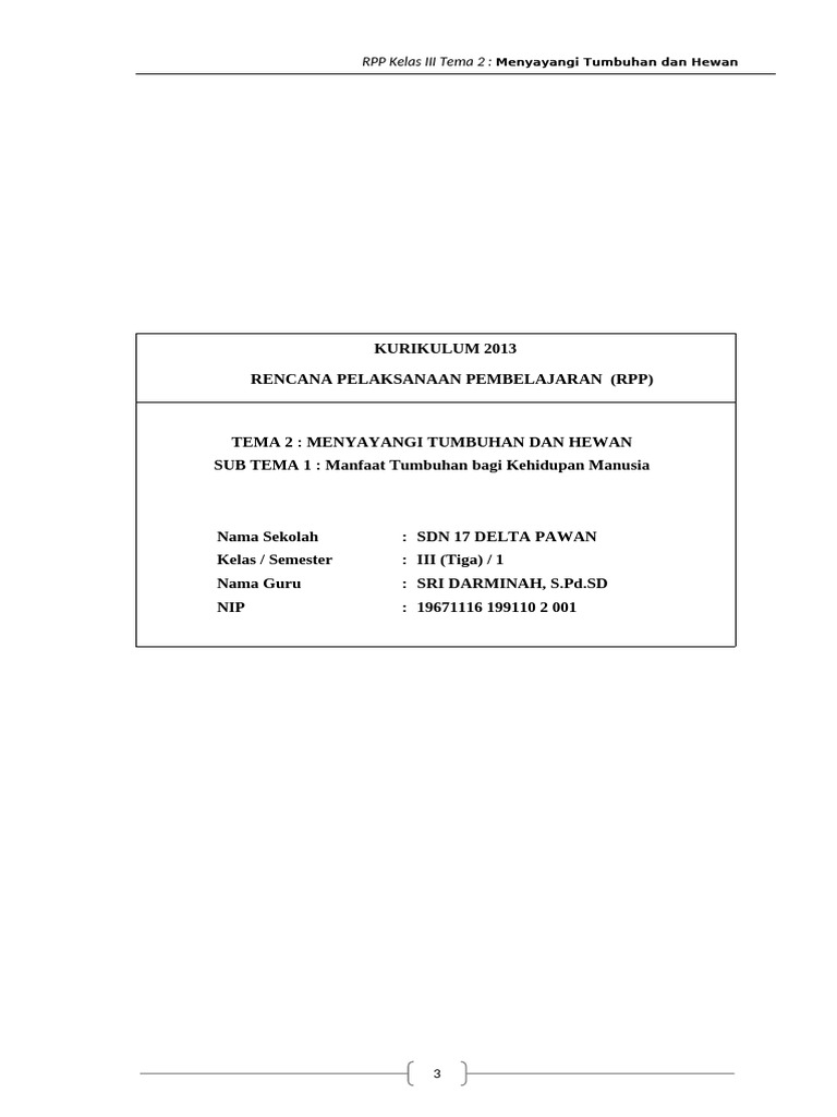 RPP Kelas Iii Tema 2 Menyayangi Tumbuhan Dan Hewan | PDF