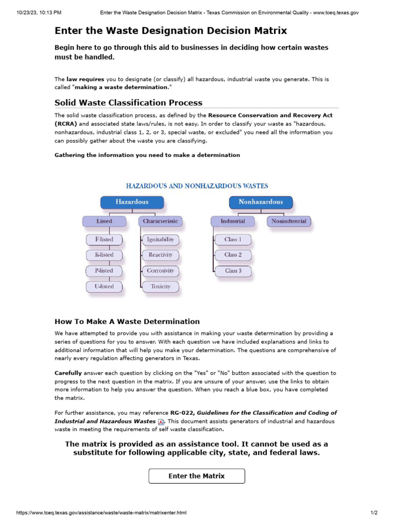Enter the Waste Designation Decision Matrix | PDF