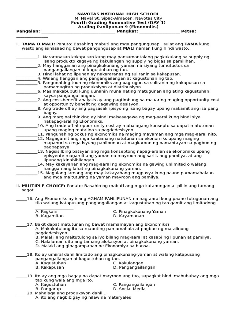 Ap9 4Q Summative Day1 | PDF
