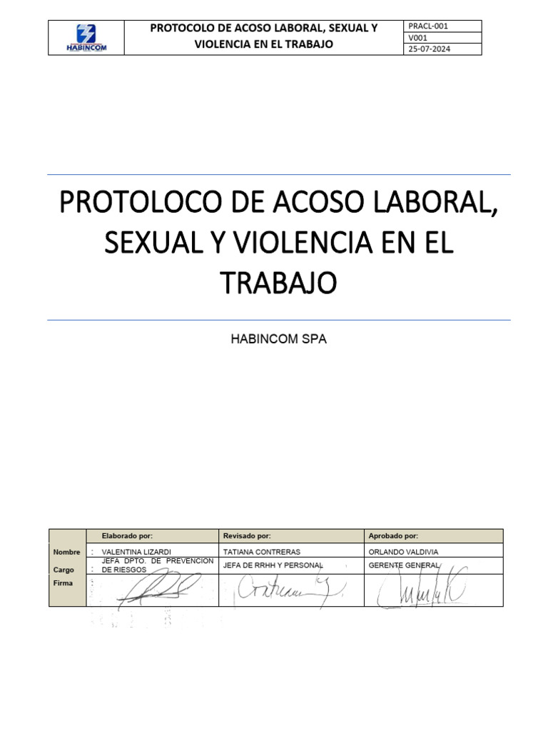 Protocolo de Acoso Laboral, Sexual y Violencia en El Trabajo V001 (25-07-24) | PDF