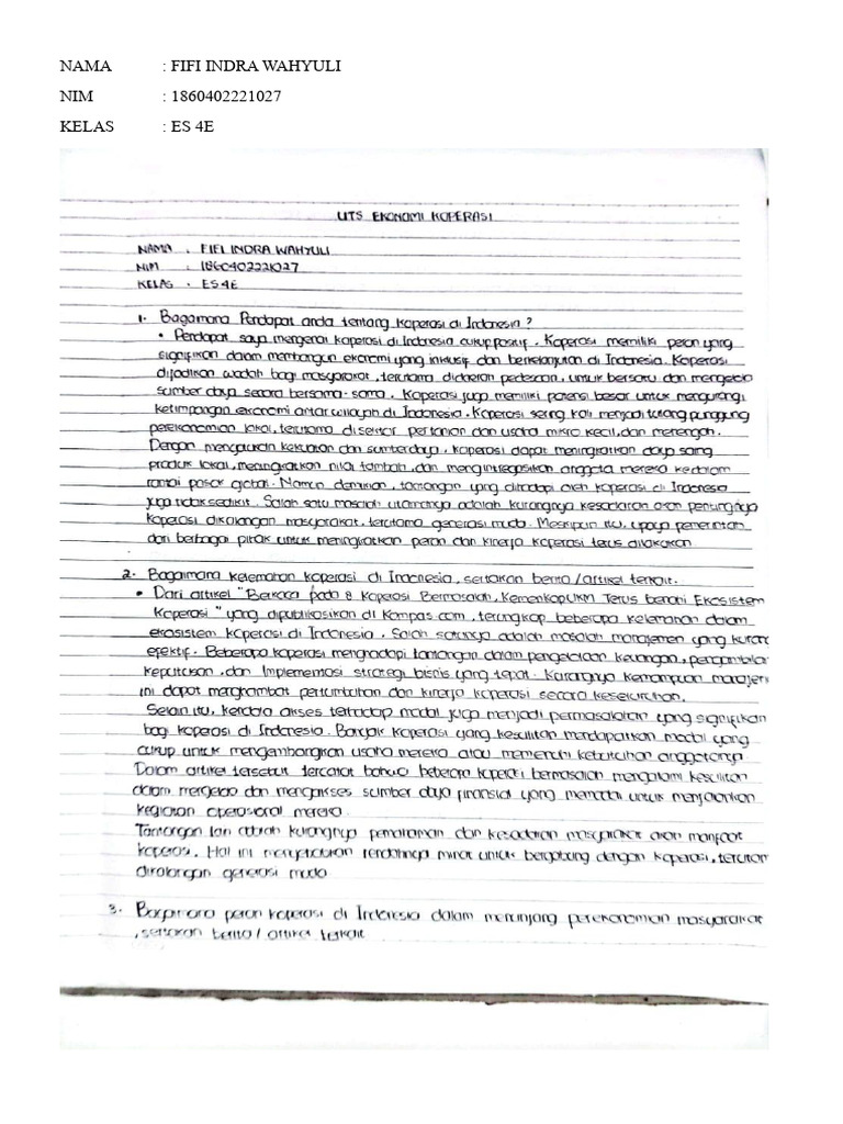 Fifi Indra Wahyuli - 1860402221027 - UTS EKONOMI KOPERASI | PDF