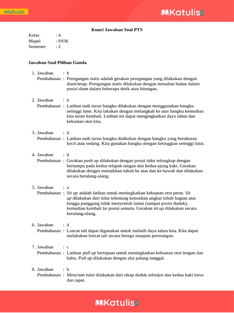 Kunci Jawaban Soal PTS PJOK Kelas 4 Semester 2 | PDF