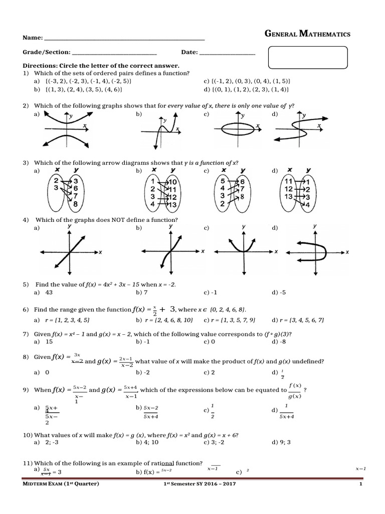 General Math 1st Quarter Exam | PDF
