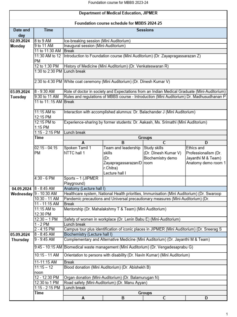 Programme Schedule MBBS Foundation Course 2024-2025 | PDF