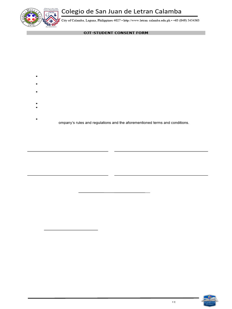 02 00 00 FO 109 OJT Student Consent Form For Virtual Internship | PDF