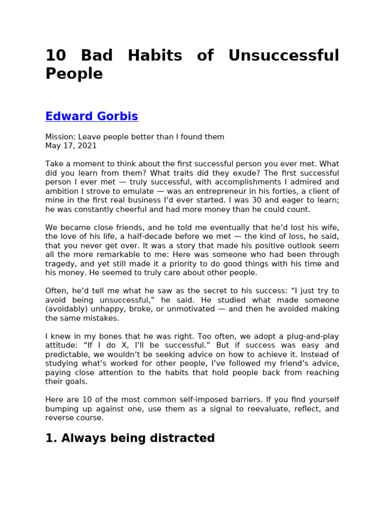 10 Habits of Unsuccessful People | PDF | Social Psychology | Self ...