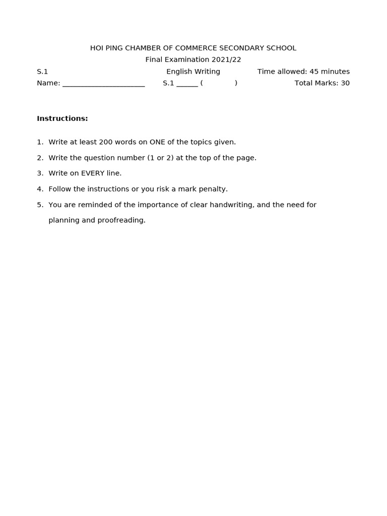 S.1 English Writing Exam Guidelines | PDF