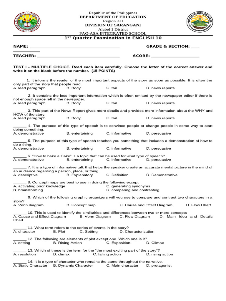 1ST Quarter Exam 2023-2024 | PDF
