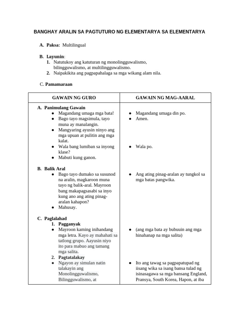 Banghay Aralin Sa Pagtuturo NG Filipino Sa Elementarya | PDF