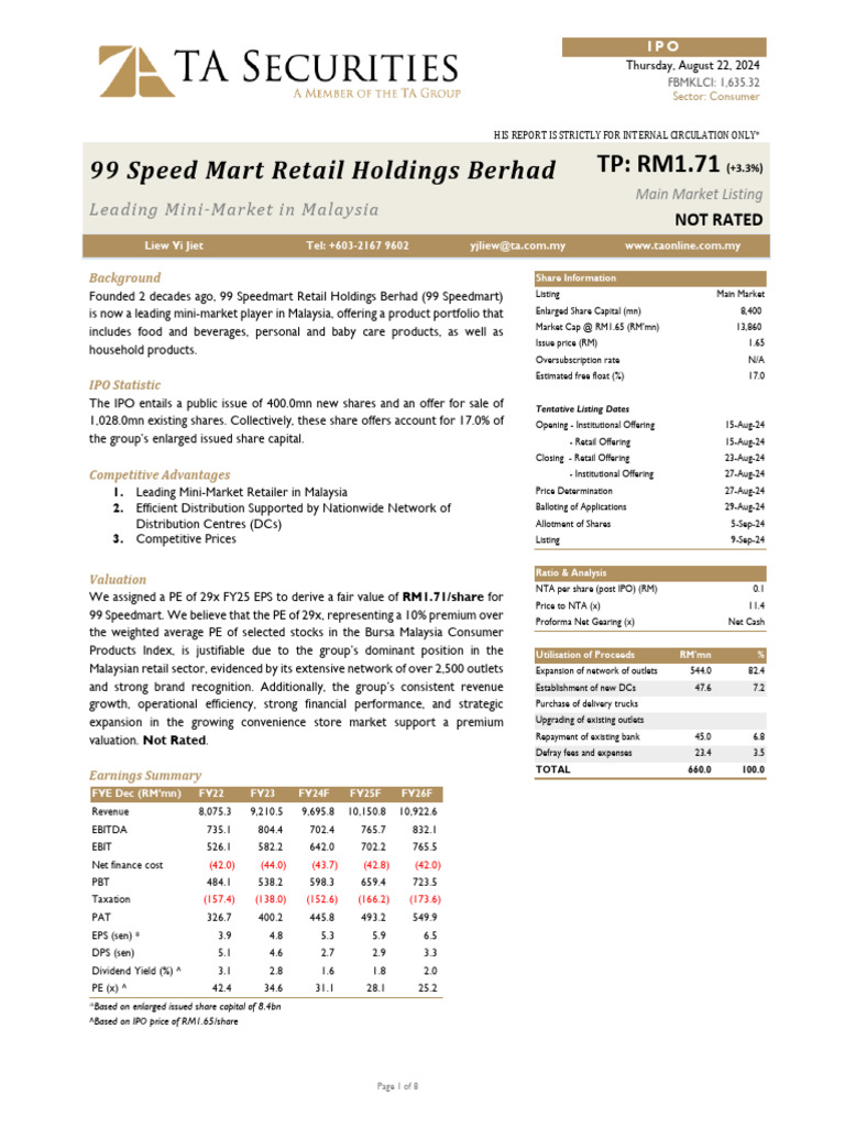 99 Speedmart IPO Overview and Valuation | PDF | Stocks | Dividend