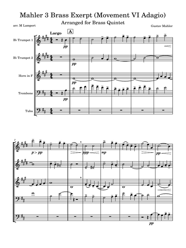 Mahler 3 Brass Exerpt Movement VI Adagio Arranged For Brass Quintet by ...