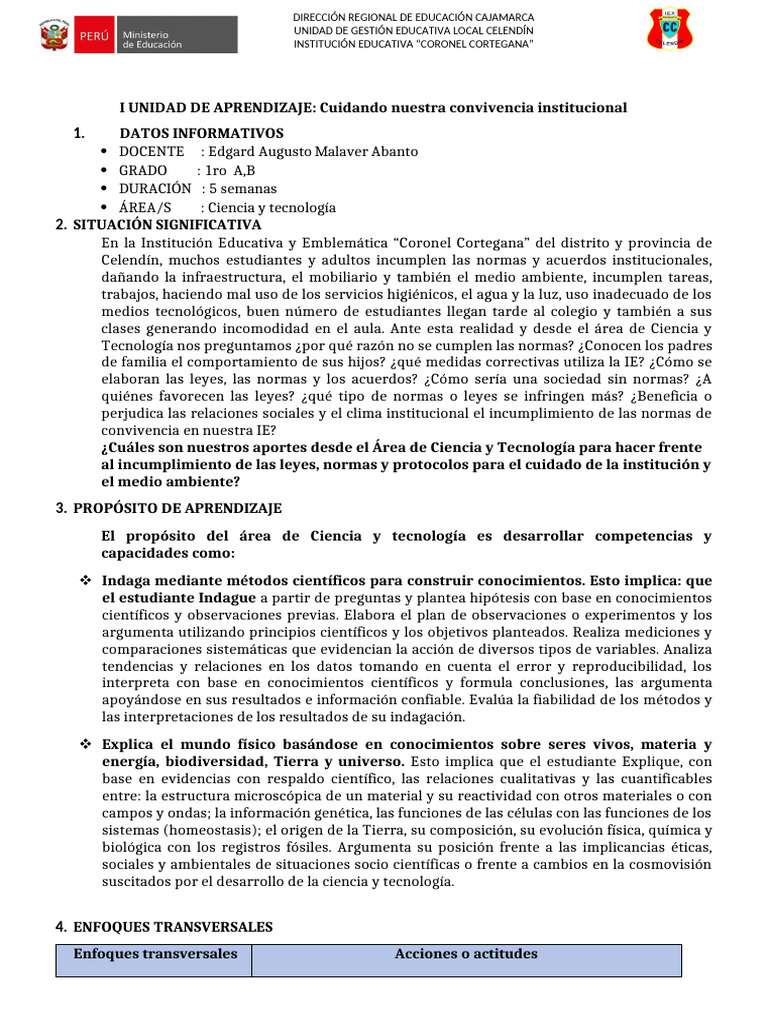 I UNIDAD DE APRENDIZAJE - CyT-1er GRADO-EDGARD | PDF