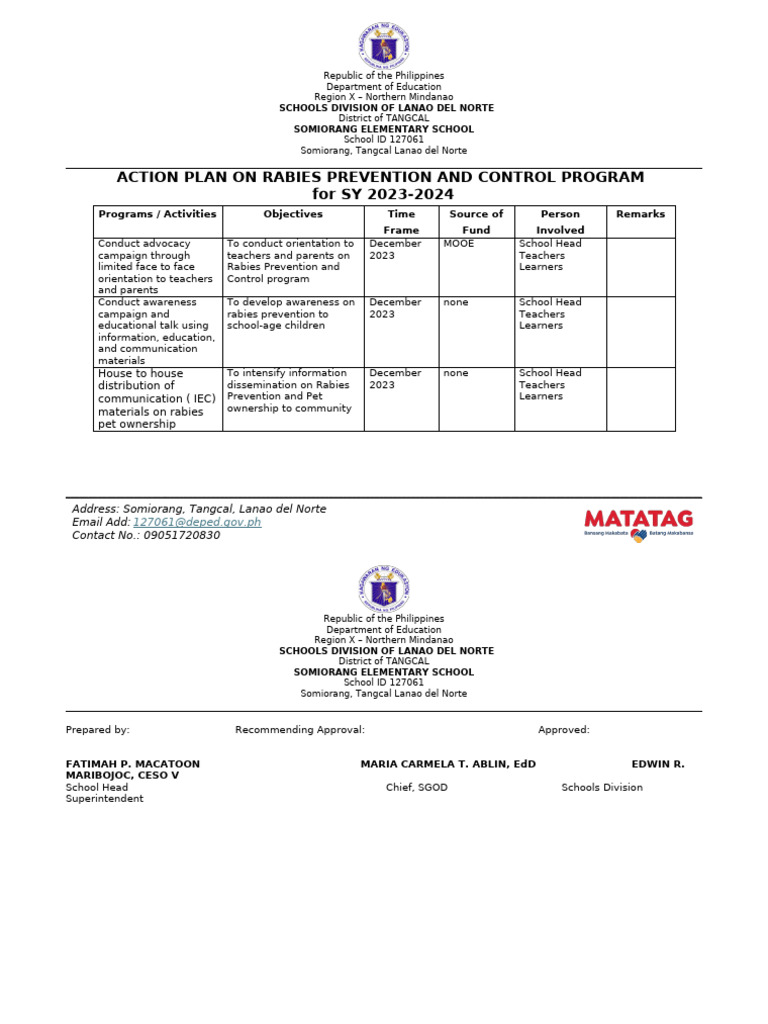 ACTION PLAN ON RABIES PREVENTION AND CONTROL PROGRAM | PDF