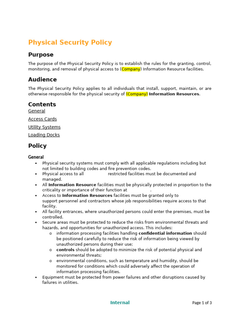 Physical Security Policy | PDF