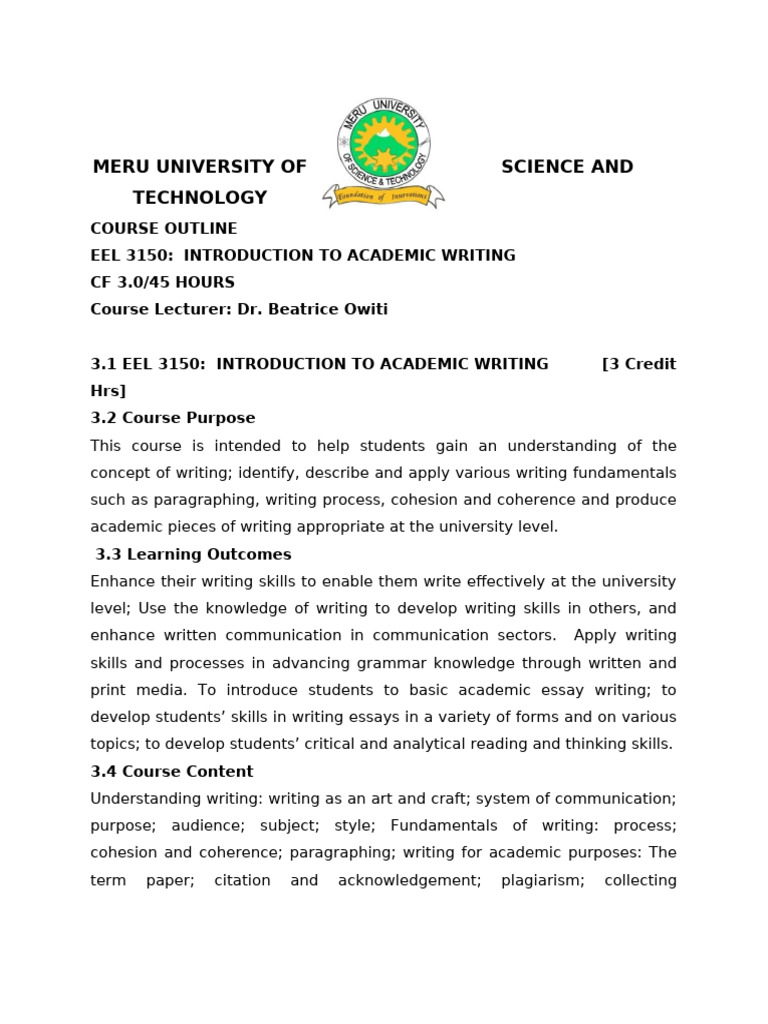 Course Outline INTRODUCTION TO ACADEMIC WRITING | PDF