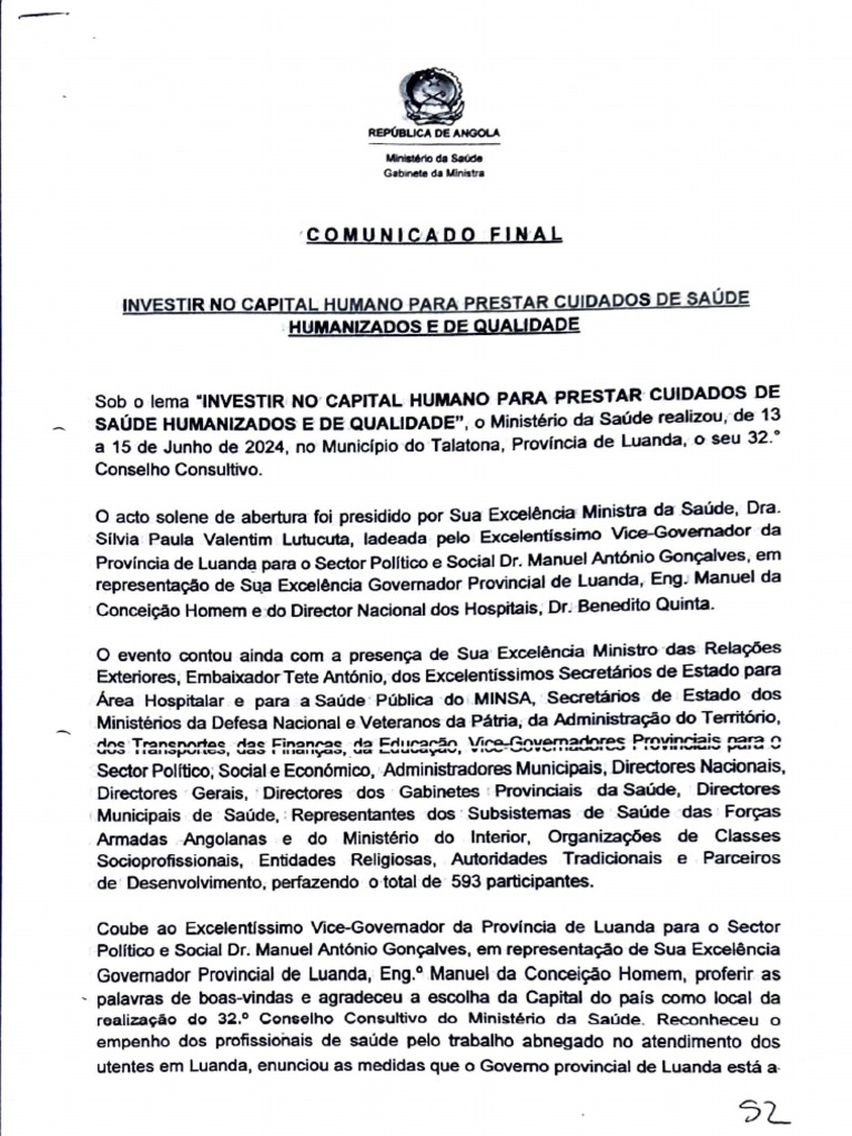 Comunicado Final 32 Conselho Consultivo Do Minsa 2024 | PDF
