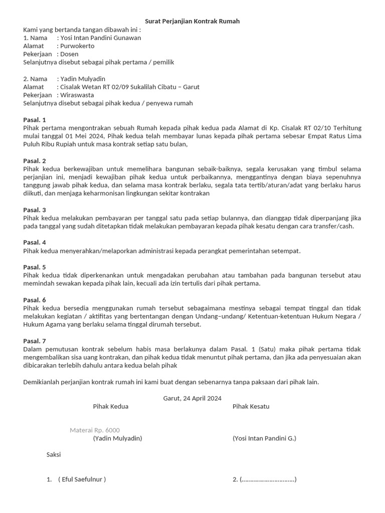 Surat Perjanjian Kontrak Rumah Pdf