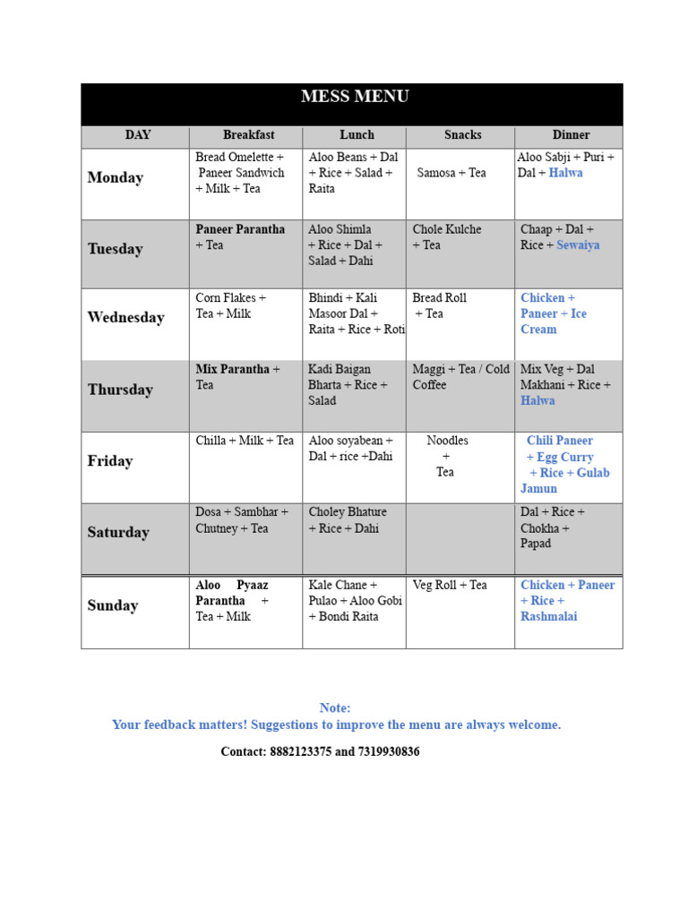 September Mess Menu | PDF