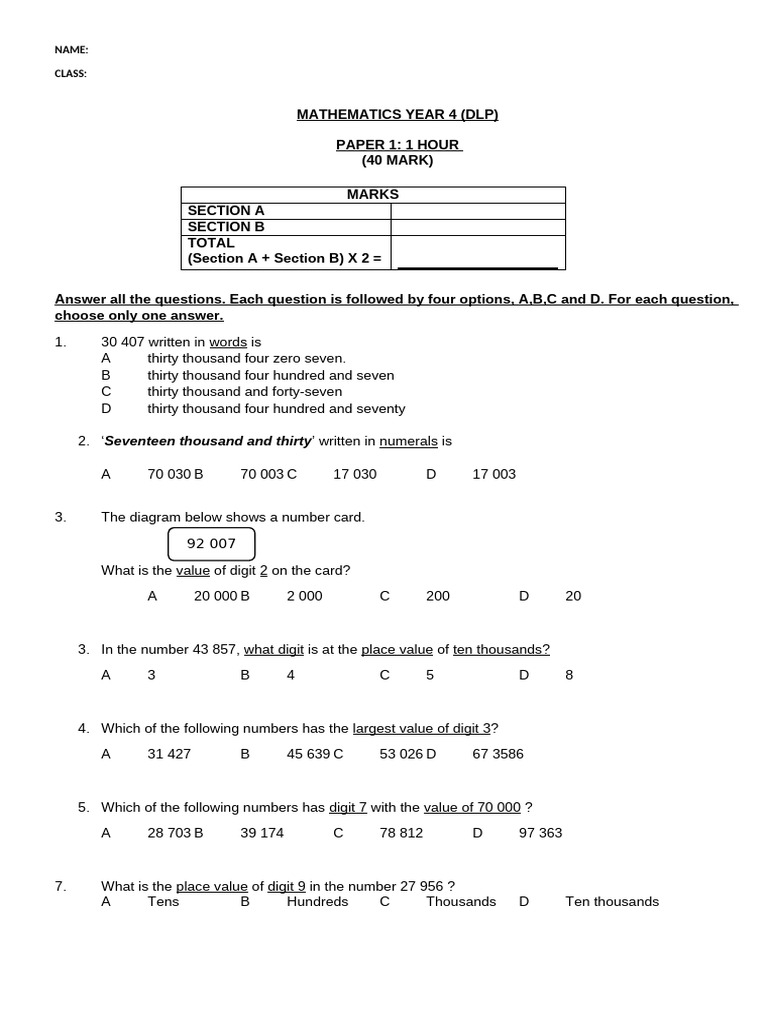 Soalan Ujian Mathematics Edited Tahun 4 2024 | PDF