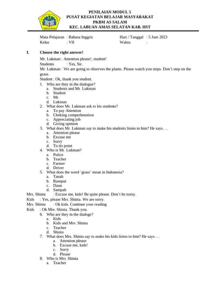 Soal Bhs Inggris Kls 7 Modul 5 PKT B | PDF