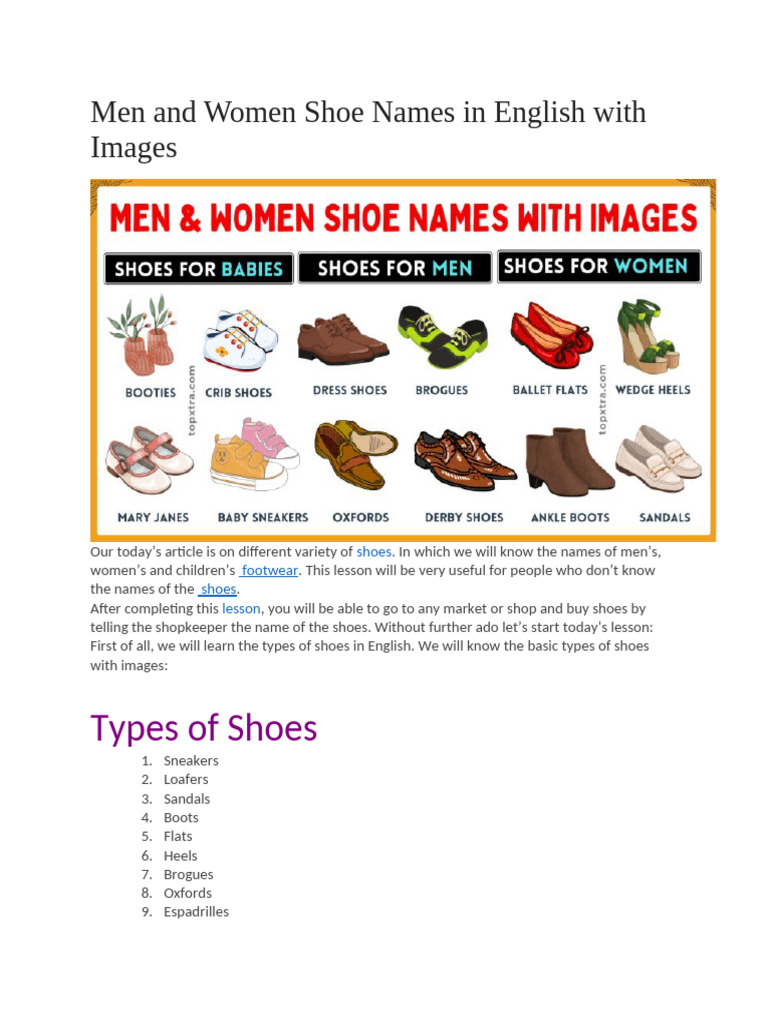 Men and Women Shoe Names in English With Images | PDF