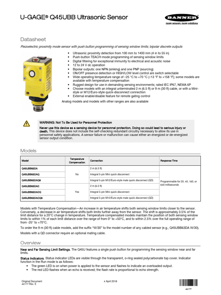 Banner - U-GAGE Q45UBB Ultrasonic Sensor Datasheet | PDF